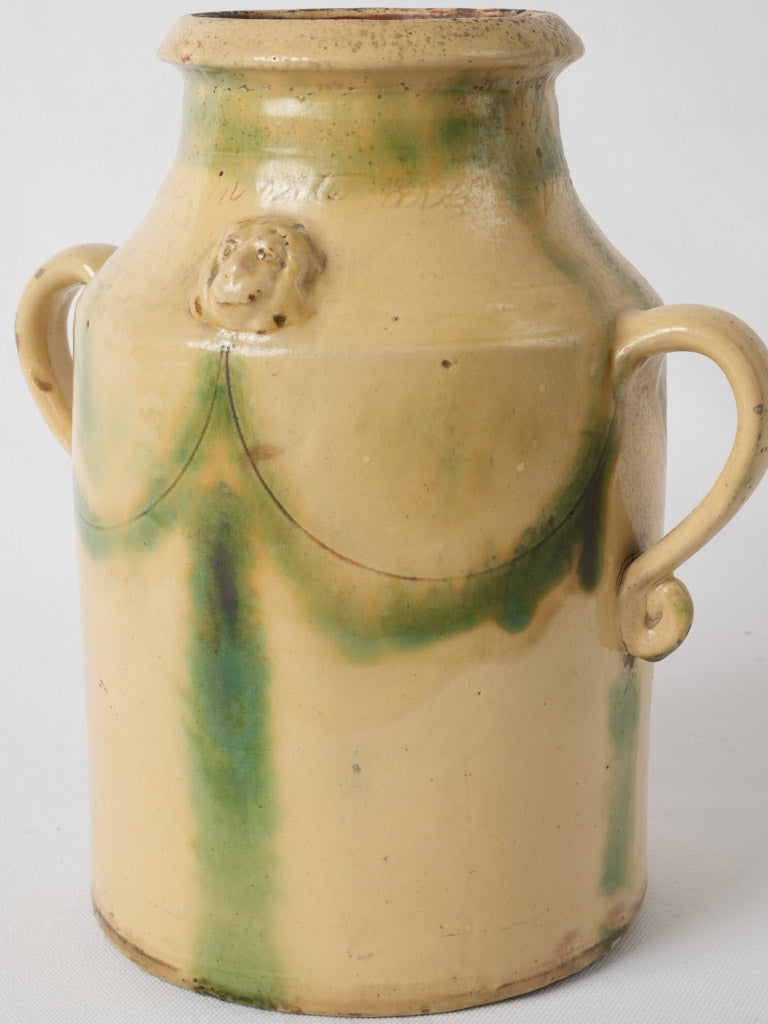 Rare 19th-century French glazed ceramic milk pot - green & yellow w/ r ...