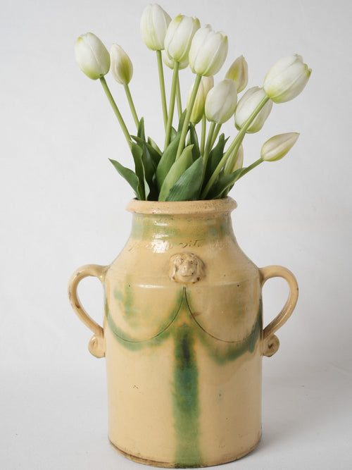 Rare 19th-century French glazed ceramic milk pot - green & yellow w/ r