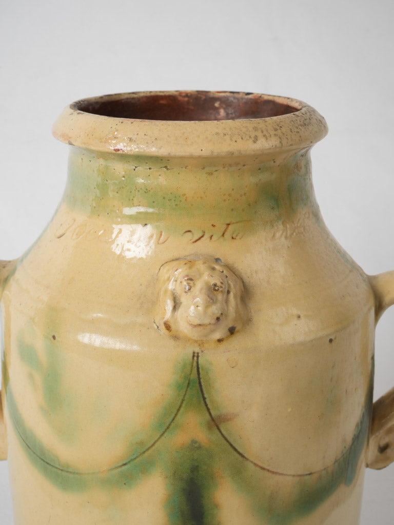 Rare 19th-century French glazed ceramic milk pot - green & yellow w/ r ...