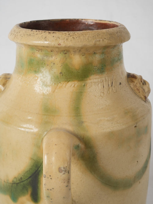 Rare 19th-century French glazed ceramic milk pot - green & yellow w/ r