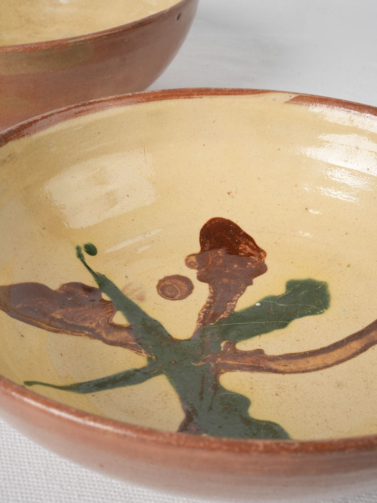 Set of 2 French yellow-ochre fruit bowls w/ green & red splatter patte ...