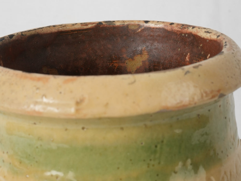 Rare 19th-century French glazed ceramic milk pot - green & yellow w/ r