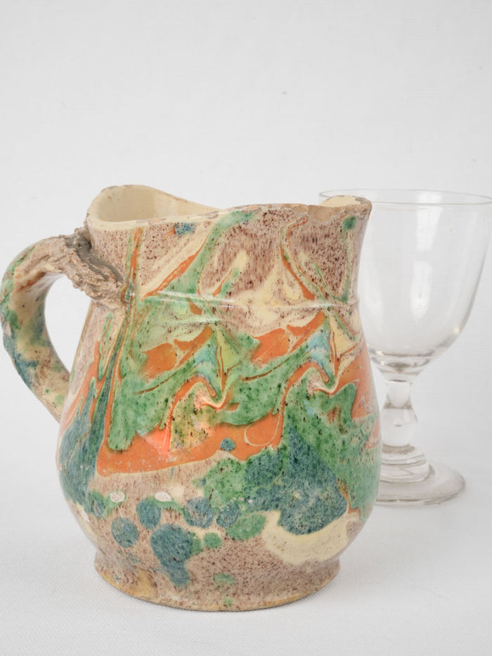 Antique French water pitcher w/ colorful jaspe glaze 6¼"