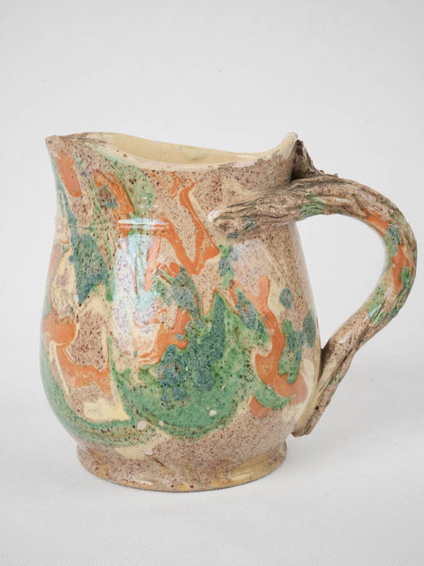Antique French water pitcher w/ colorful jaspe glaze 6¼"