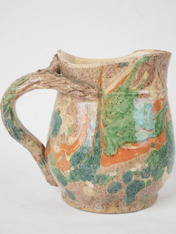 Antique French water pitcher w/ colorful jaspe glaze 6¼"