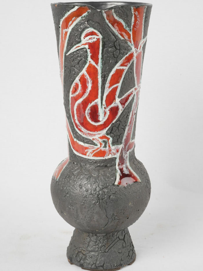 Large French volcanic black ceramic pitcher w/ red-glazed woodpecker d