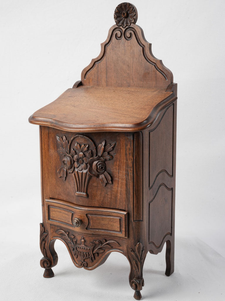 Antique French Walnut Salt Box w/ Carved Floral Motif