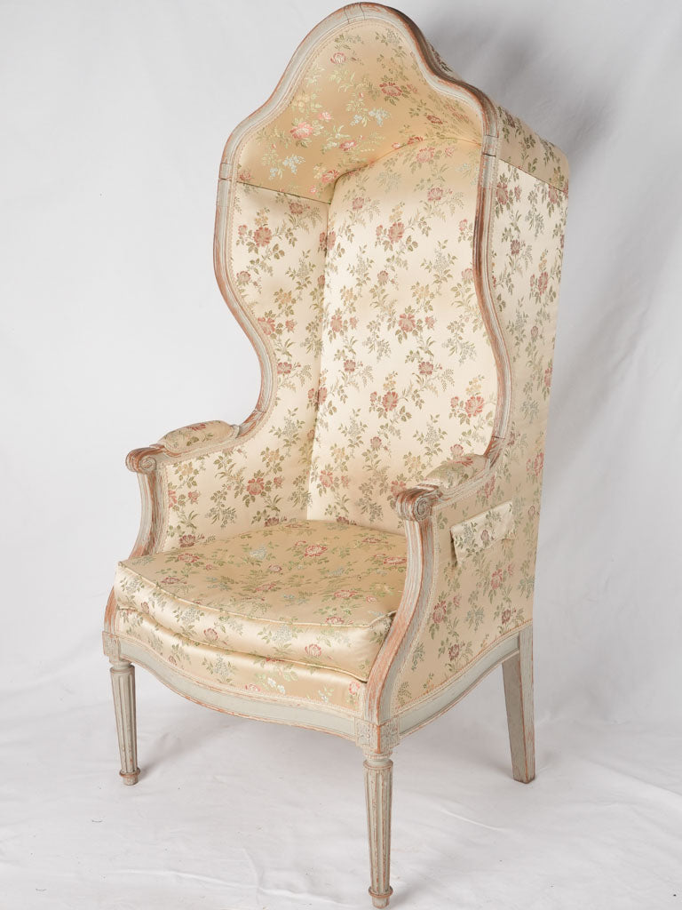 Rare antique French coach chair w/ floral silk upholstery