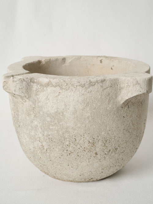 Extra-large antique French white marble mortar w/ 3 ears & grooved pou