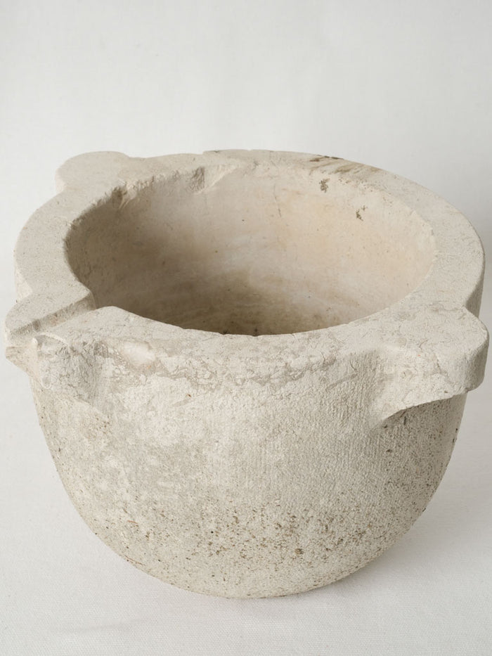 Extra-large antique French white marble mortar w/ 3 ears & grooved pou