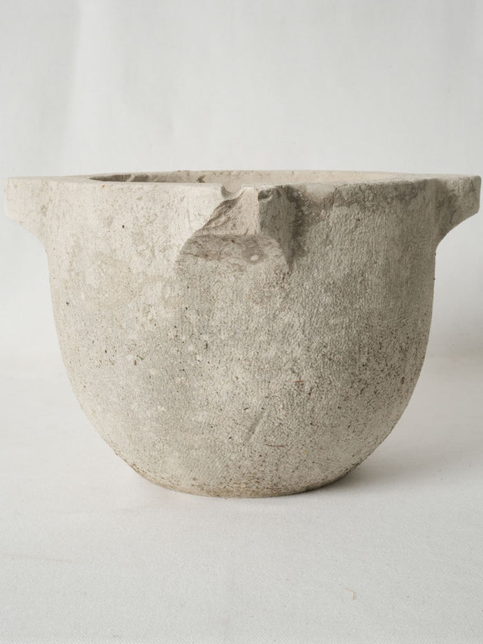 Extra-large antique French white marble mortar w/ 3 ears & grooved pou