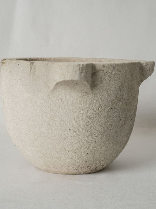 Extra-large antique French white marble mortar w/ 3 ears & grooved pou