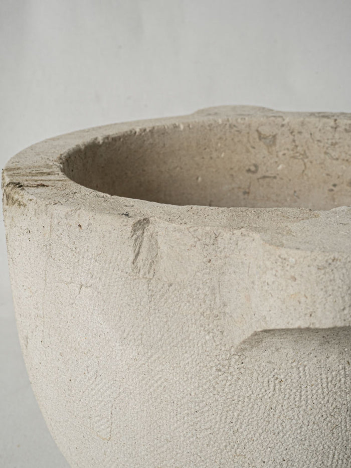 Extra-large antique French white marble mortar w/ 3 ears & grooved pou