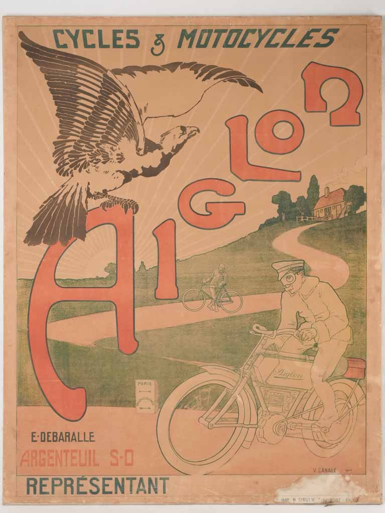 Huge Aiglon motrobike & bicycle advertising poster - 1904 - 50¾" x 39¾