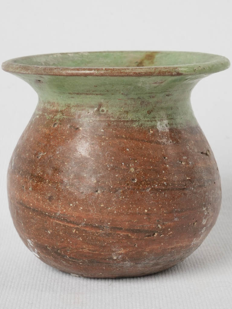 Small Biot style terracotta pot w/ green glaze 4"
