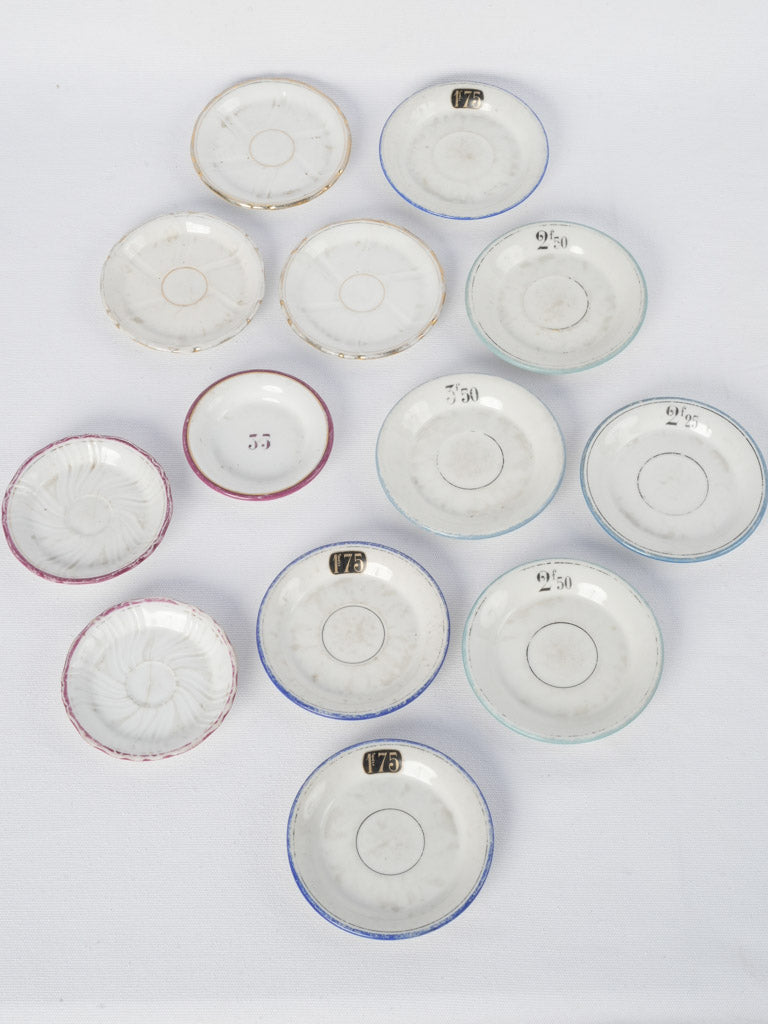 13 antique French bistro billing dishes / coupelles à monnaie de bistr