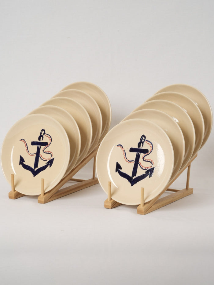 Set of 10 hand-painted Quimper plates w/ anchors - Hélène Gallet - 8¾"