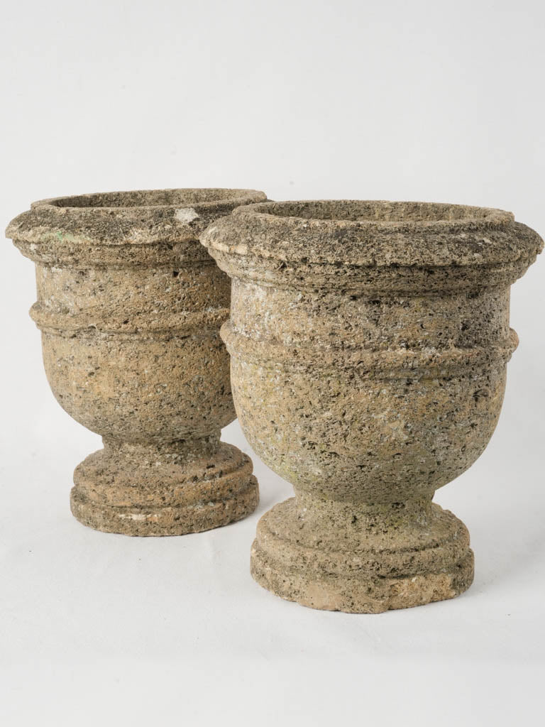 Pair of Early 20th-Century Compact Weathered Limestone Urns - 14¼"