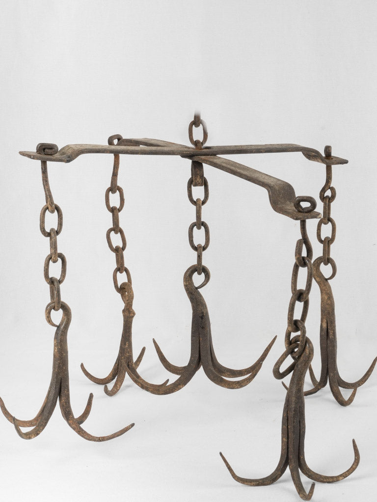 Antique butcher's shop cross-bar w/ 5 suspended grappling hooks