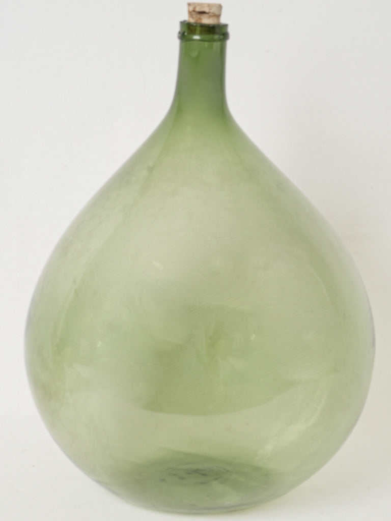 Antique French glass demijohn w/ cork - green-blue, large 23¾"