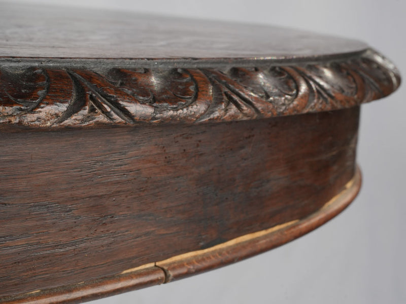 Antique Henry II-style French oak round hunting table w/ sculpted anim ...