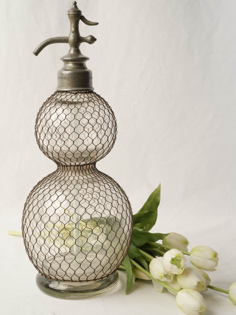 Antique French Gourd-Shaped Seltzer Siphon in Wire-Caged Glass - 17"