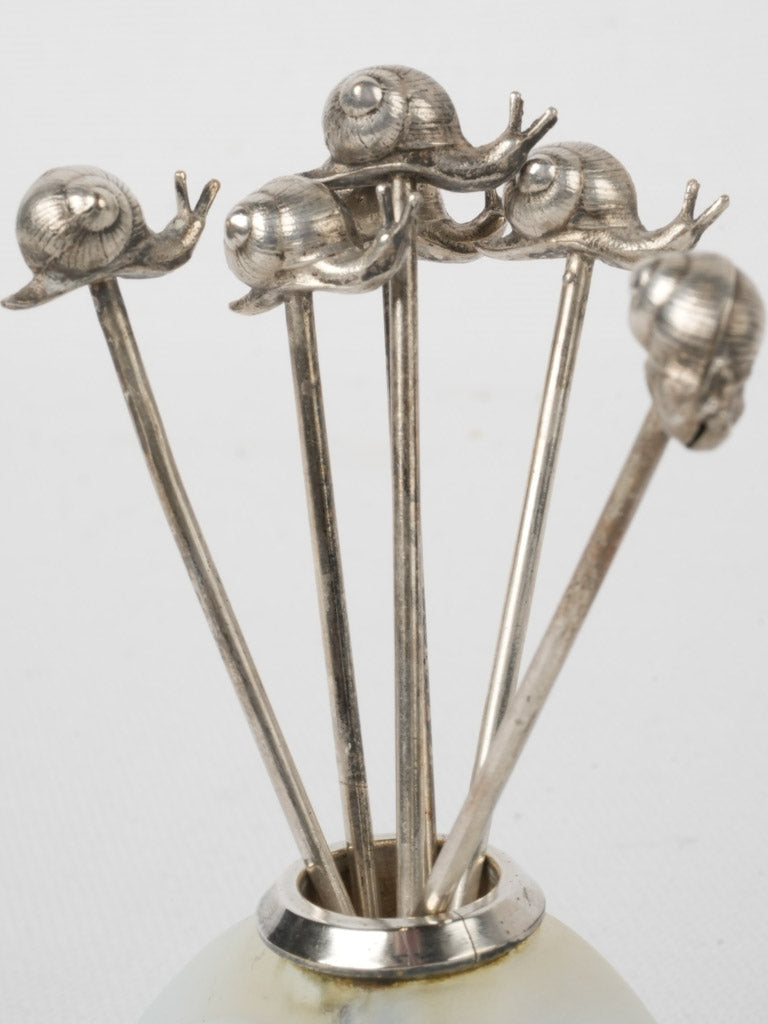 10 Escargot picks in translucent glass snail holder – Chez Pluie