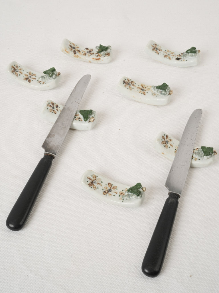 Set of 6 Vintage Handcrafted Ceramic Knife Rests with Floral and Grape