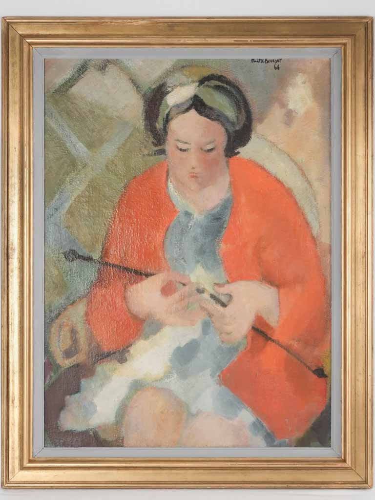 Vintage portrait or a lady knitting - Miette Bruchet 1966 - 38½" x 30 ...