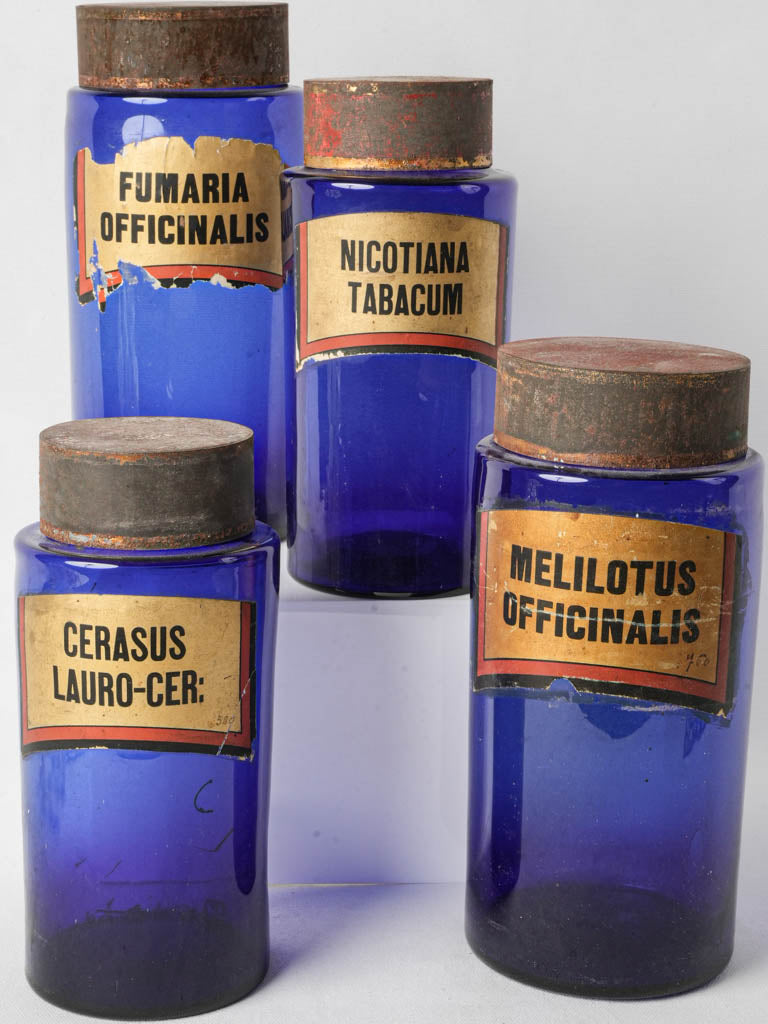 Set Of 4 Late 19th-Century Blue Glass Pharmacy Jars With Metallic Lids