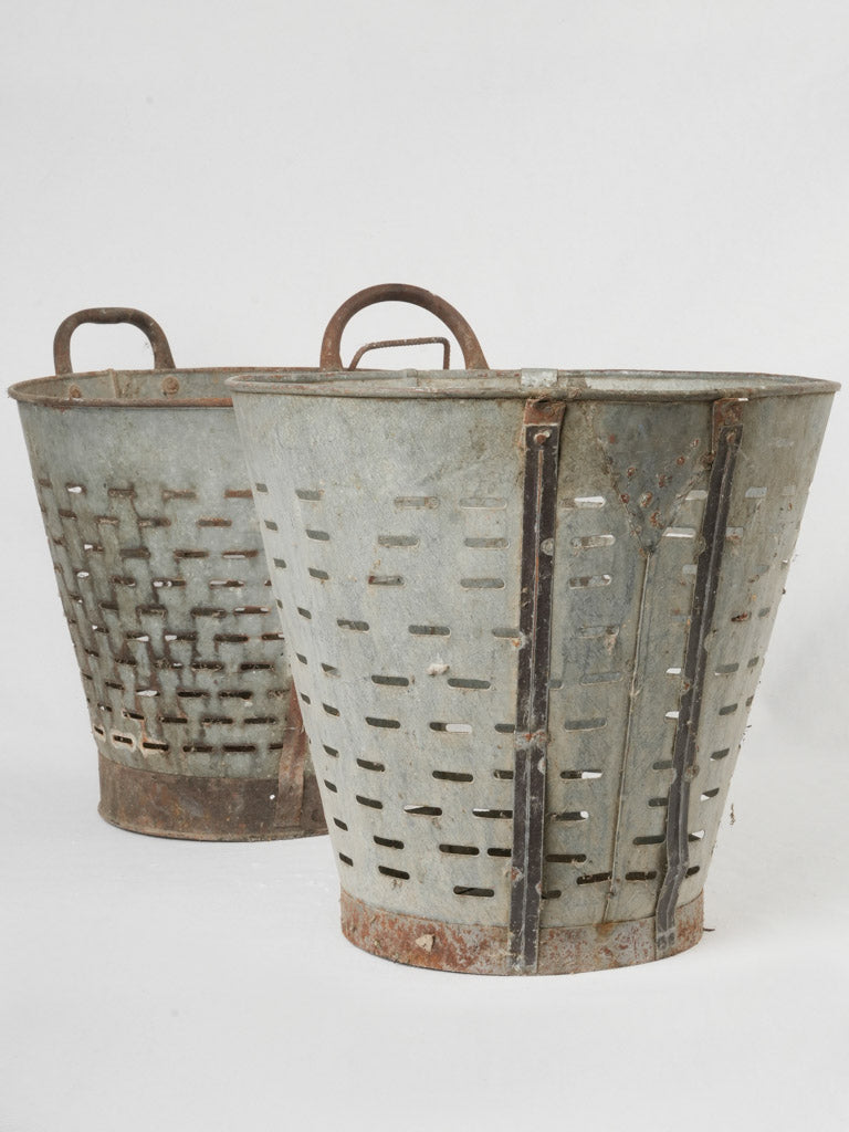 Pair of rustic zinc perforated olive buckets 18"