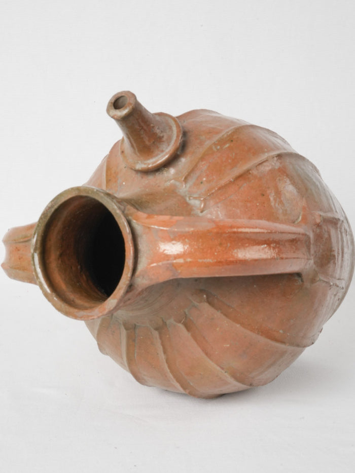Antique French walnut oil pot - ochre brown w/ handles & tapered neck