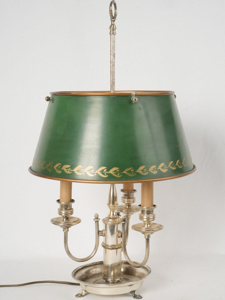 Antique French 3-arm Bouillotte lamp w/ green shade & silver-plate bas
