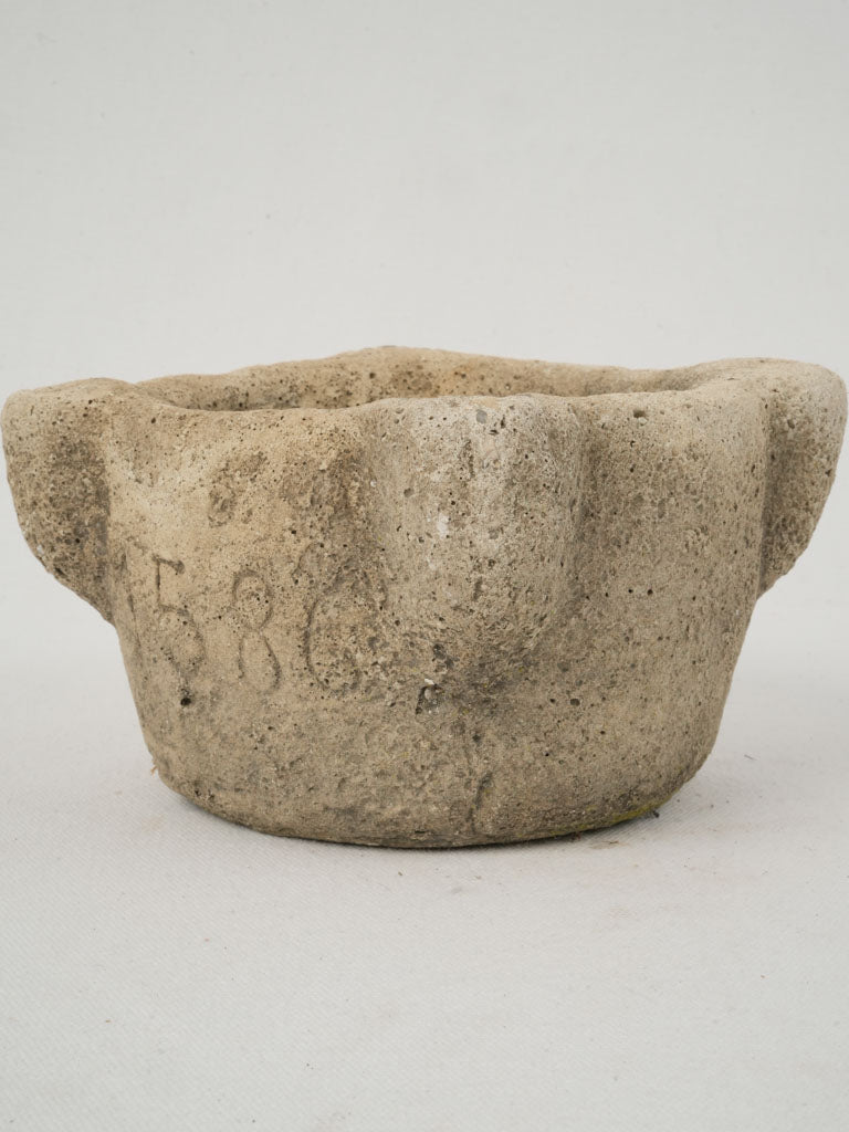 Antique Stone Mortar with 1586 Carving – Weathered Surface 4¾"