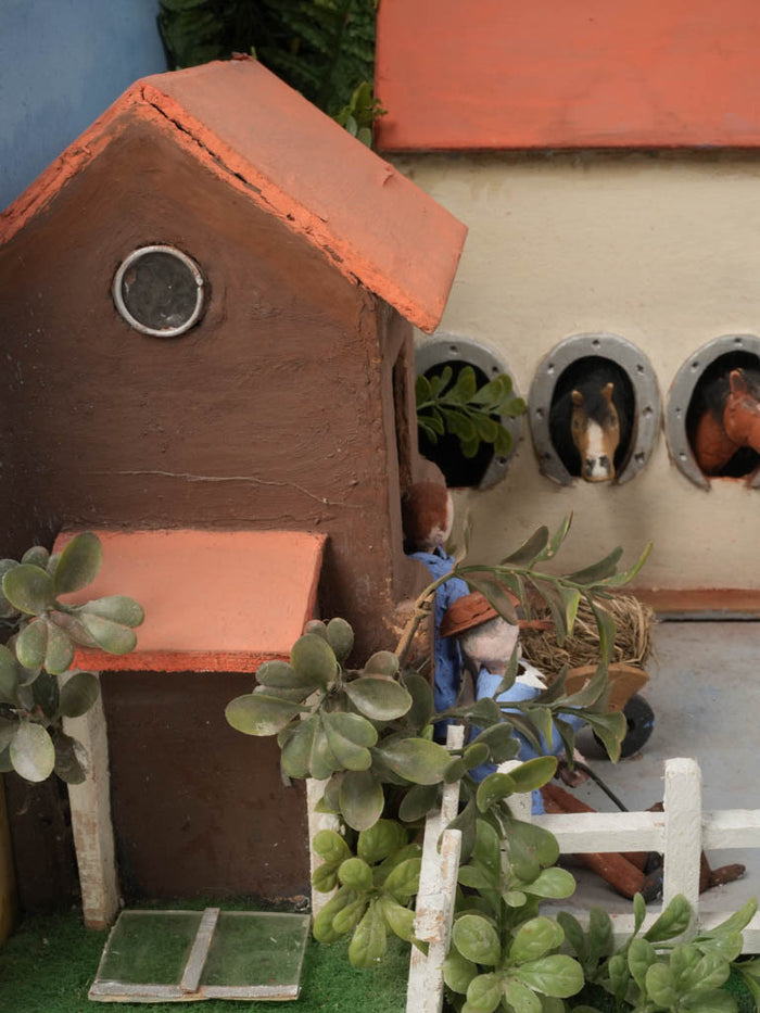Circa 1950s Large Horse Stable Diorama – Wood and Papier-Mâché with Mo
