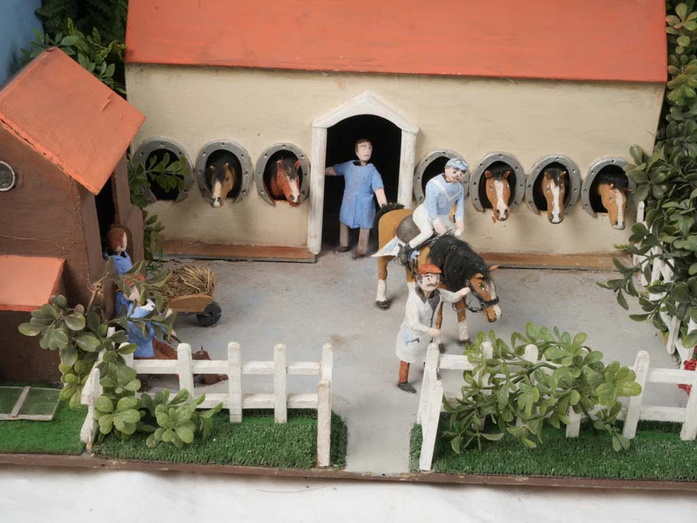 Circa 1950s Large Horse Stable Diorama – Wood and Papier-Mâché with Mo