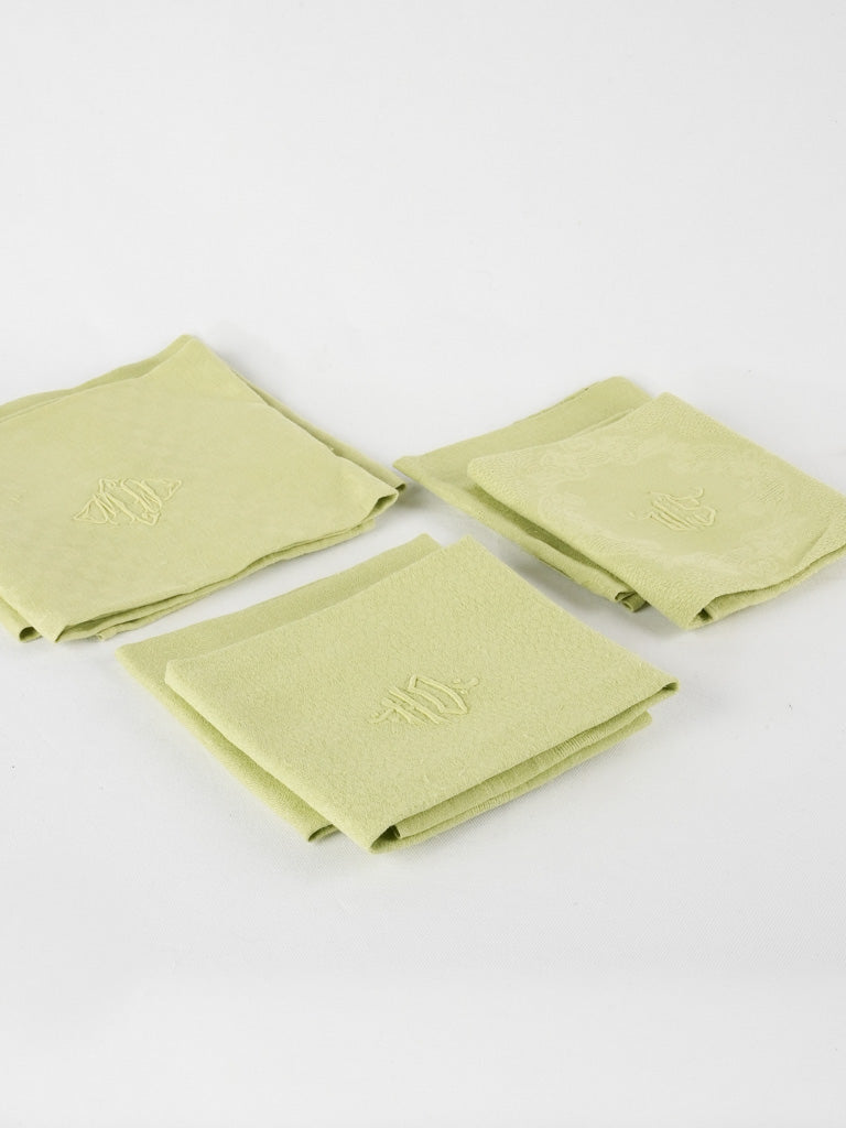 6 antique French monogrammed serviettes - pea green