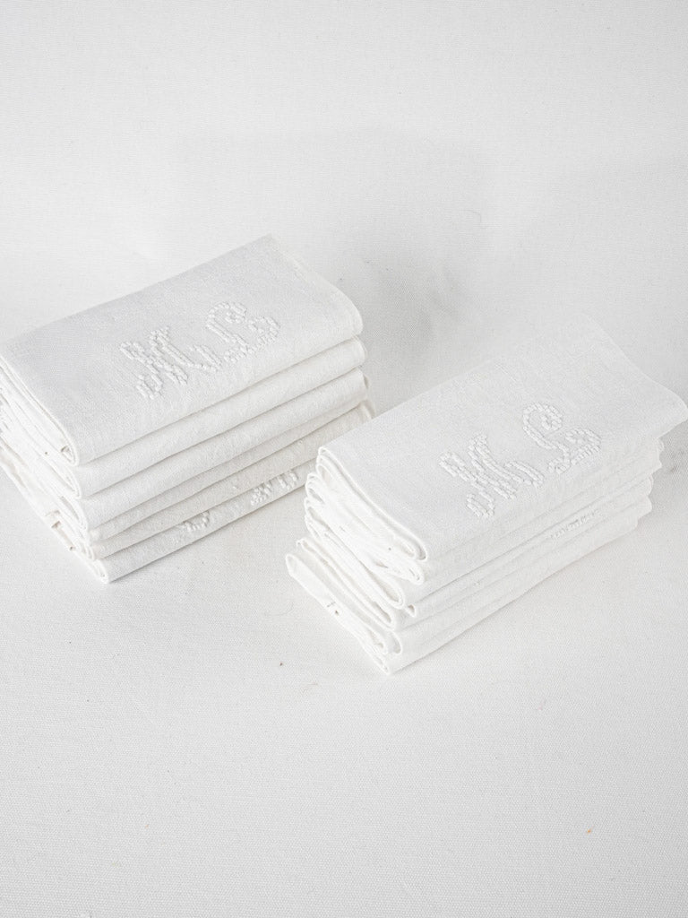 12 antique French serviettes - white w/ ML monogram