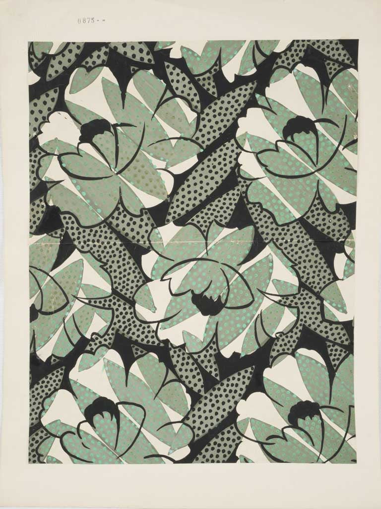 Handpainted Fabric Design by Arthur Litt - black foliage w/ green & bl