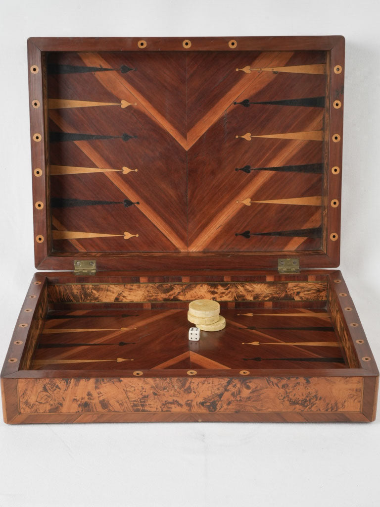 Large antique reversible backgammon & checkers set - marquetry w/ burl
