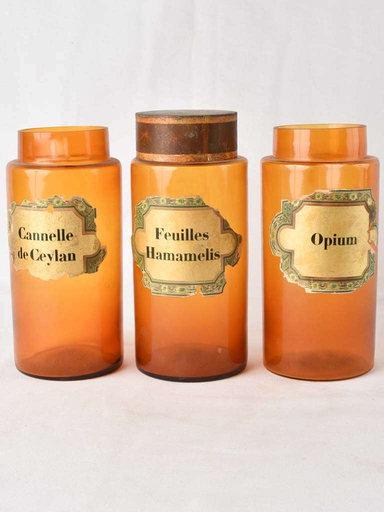 Three 19th Century Apothecary Jars Amber Glass 8¾ Chez Pluie