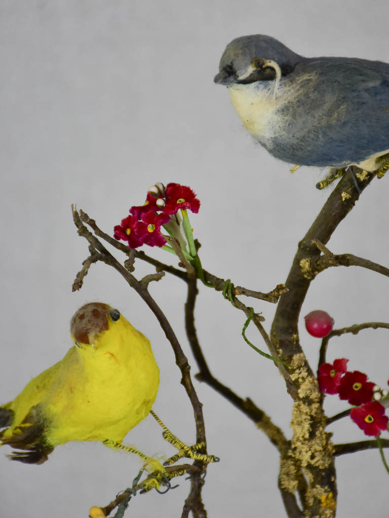 Collection of three artisan made birds on branches mounted on salvaged ...