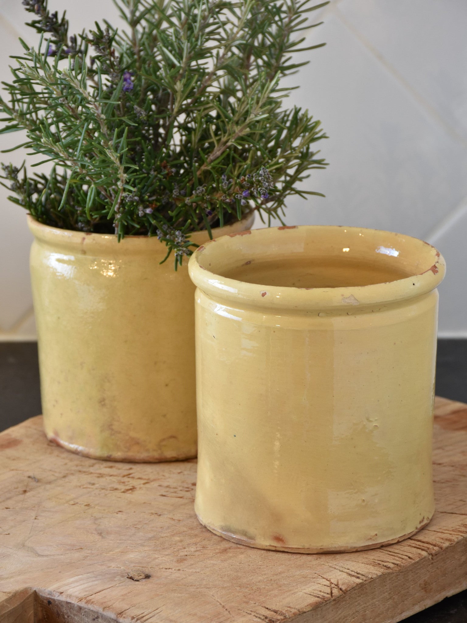 19th century French yellow ware preserving jar – two