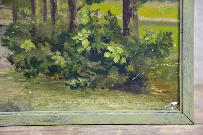 Antique French painting - bridge, river and trees 16½" x 13¾" – Chez Pluie