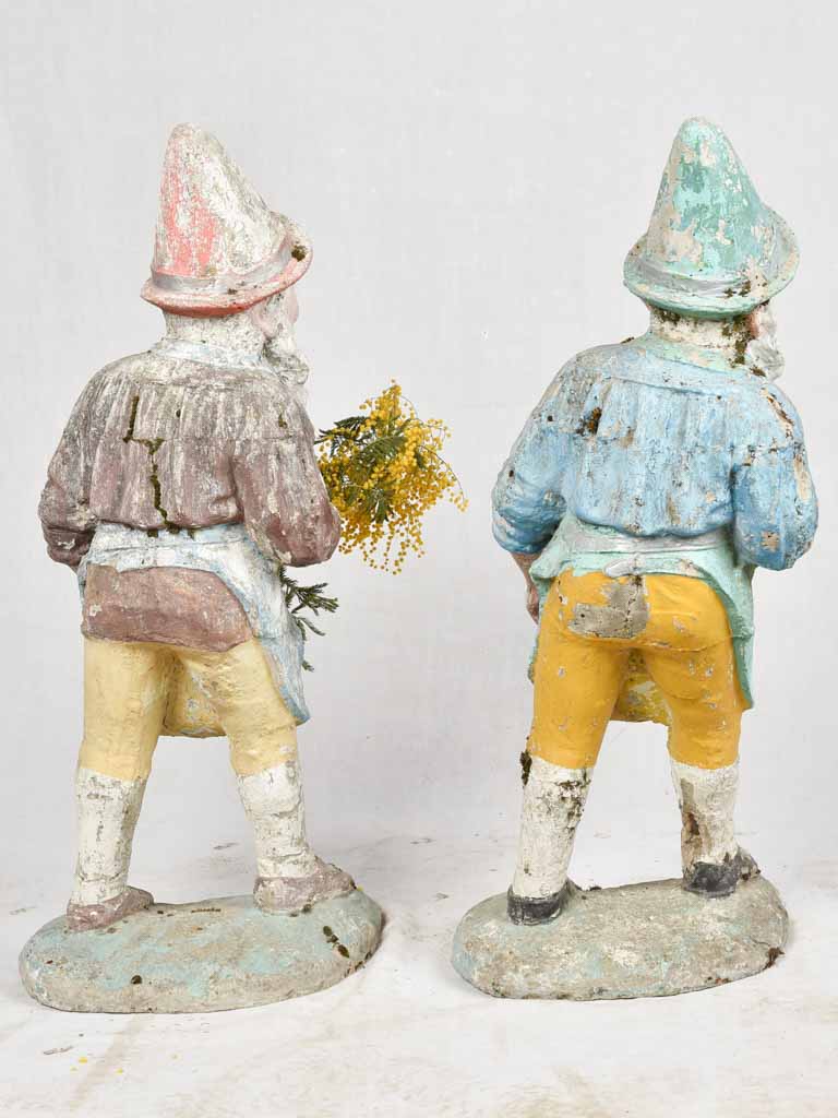 Two charming 1930's garden gnomes with hands positioned to display flo ...