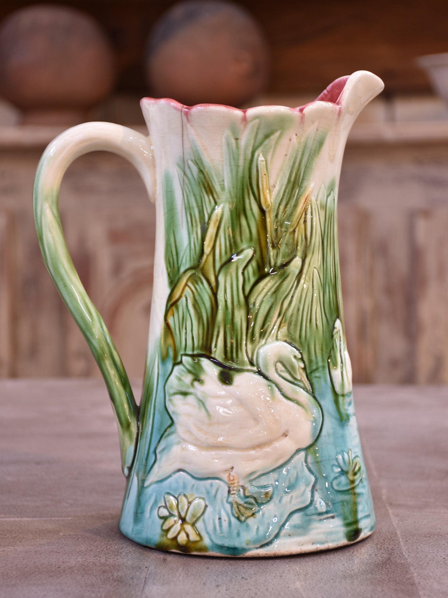 Antique Barbotine Majolica jug with bathing swans – Chez Pluie