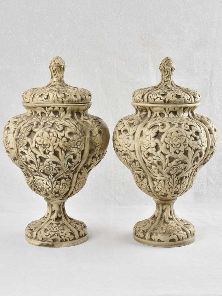 Pair of intricate Italian floral urns 19" – Chez Pluie