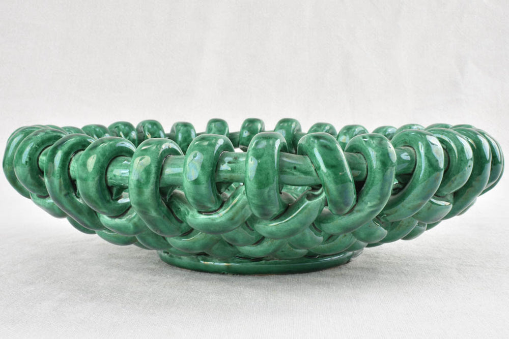 Stunning 1960s woven bowl Jerome Massier green glaze 12½"
