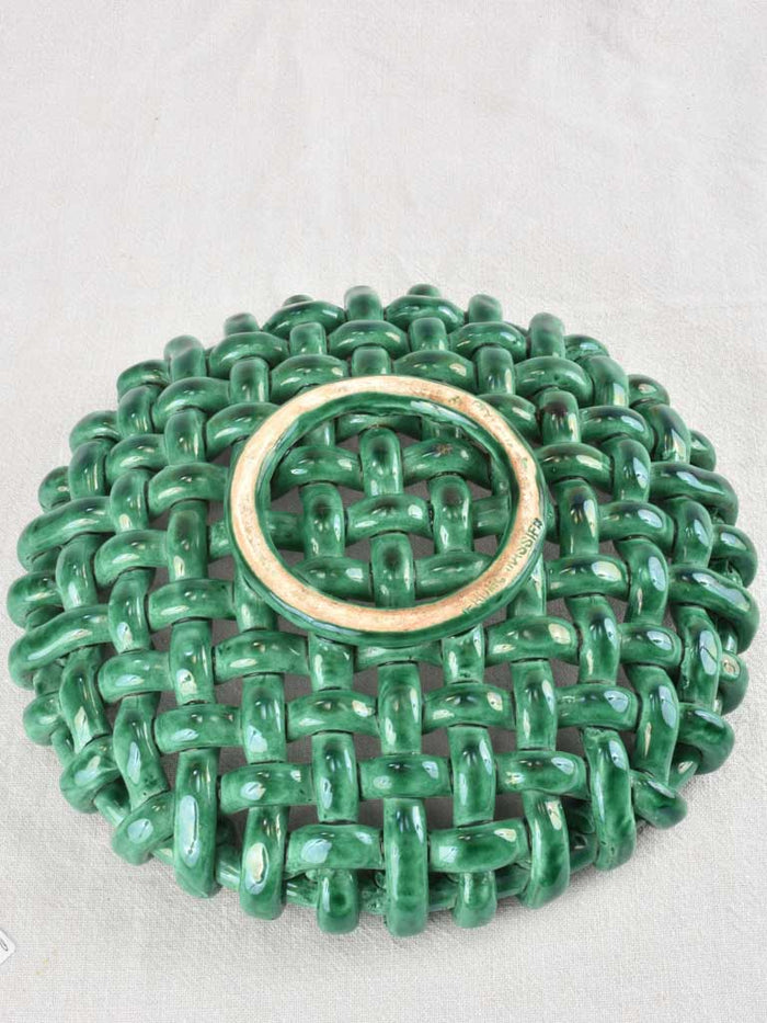Stunning 1960s woven bowl Jerome Massier green glaze 12½"