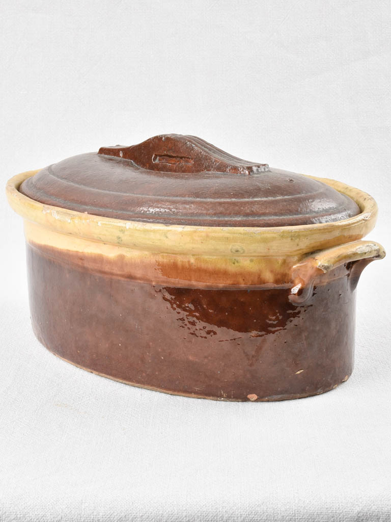 Large antique French tureen with brown & yellow glaze
